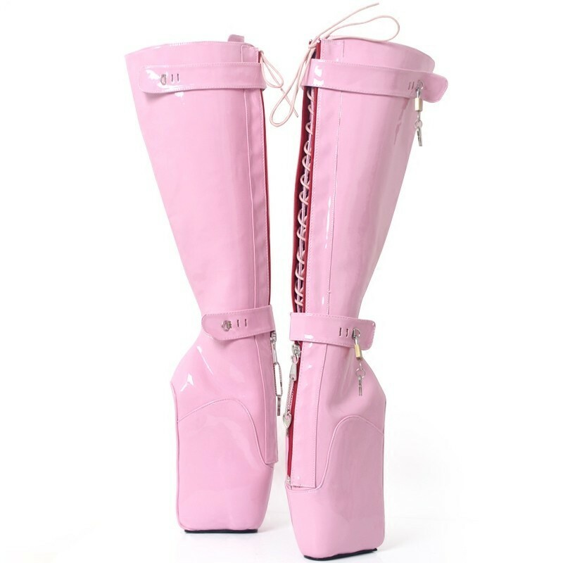 Women Cosplay Pink Knee High Locking Ballet Boot Lace UP Shoe Leather ...