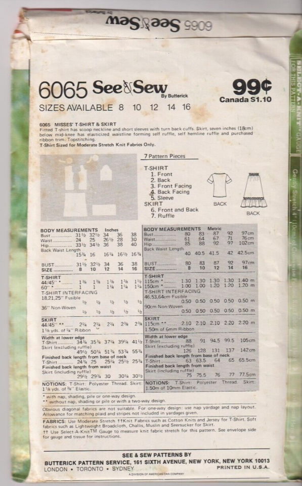 6065 BUTTERICK See & Sew - Scoop Neck T Shirt & Ruffle SKIRT - Sz 10 W ...