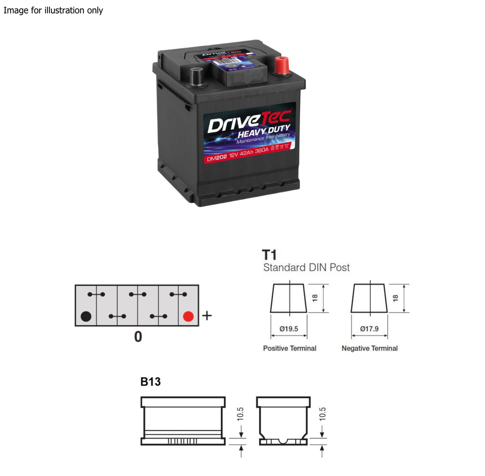 DriveTec Car Battery DM202 12V 42Ah 360A B13 3 Years Warranty T1 ...