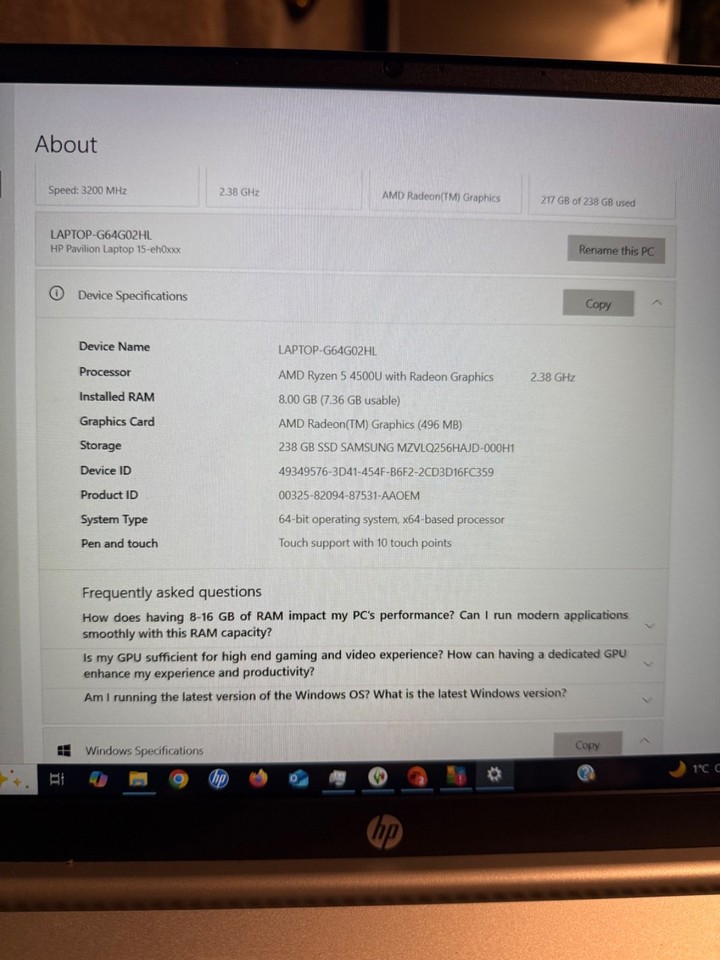 HP Pavilion 15 Ryzen 5 4500U, 8GB, 256 SSD, Radeon Graphics. | eBay UK