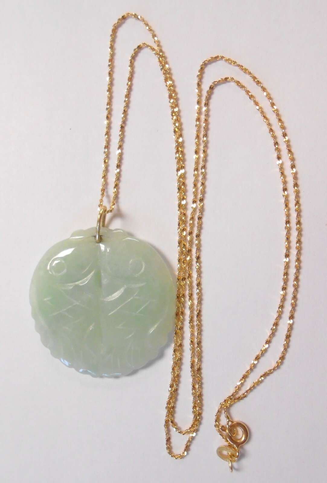 14K Carved Jade Double Koi Goldfish Pendant 14K Yello… - Gem