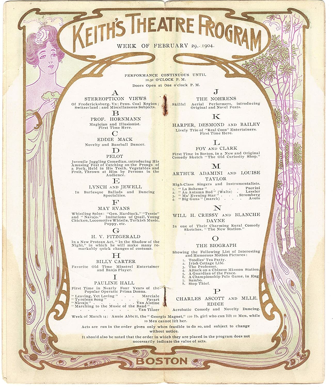 B. F, Keith Theatre Vaudeville Program February 29, 1904 Boston Pauline ...
