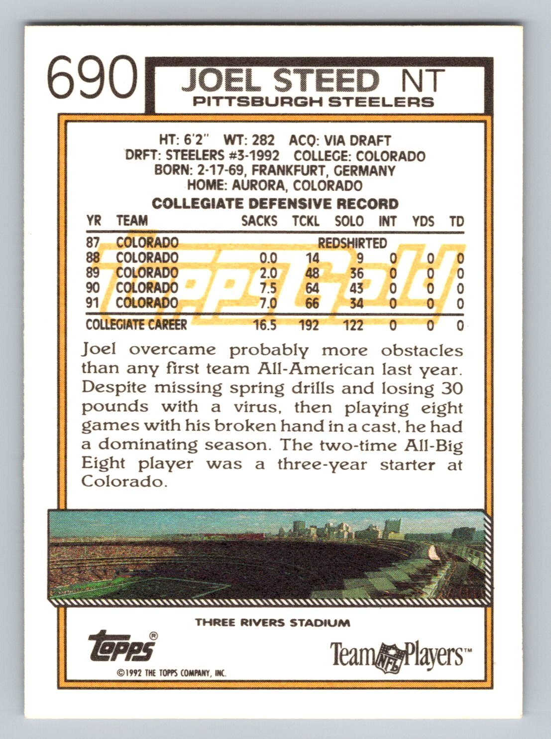 1992 Topps #690 Joel Steed Pittsburgh Steelers Gold | eBay