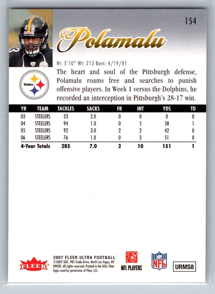 Troy Polamalu 2007 Ultra Football #154 Pittsburgh Steelers | eBay