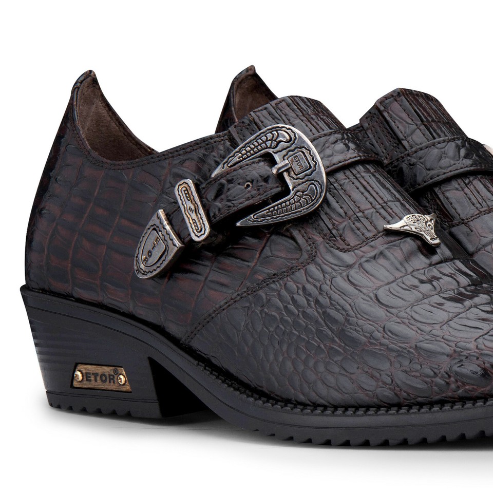 Men's Real Leather Western Shoes Brown Croc Winklepickers Cuban Biker ...