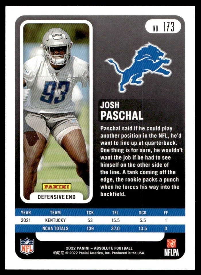 2022 Panini Absolute Josh Paschal Rookie W1 Detroit Lions #173 | eBay
