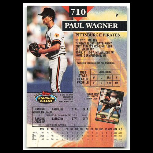 Paul Wagner #710 1993 Topps Stadium Club Pittsburgh Pirates Baseball ...