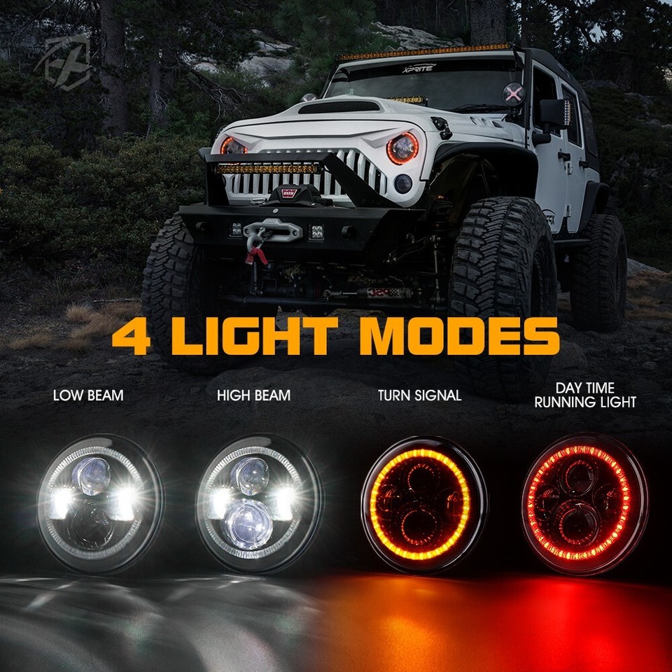 7 Inch 90W LED Headlights Red Halo Ring Angel Eyes For Jeep Wrangler ...