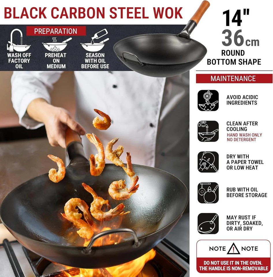 NEW YOSUKATA 36cm Carbon Steel Wok Round Bottom Pre-Seasoned Kitchen ...