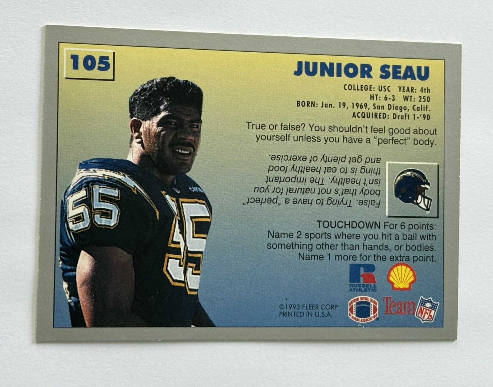 Junior Seau 1993 Fleer Authentic Signed Autograph Auto Card Chargers ...