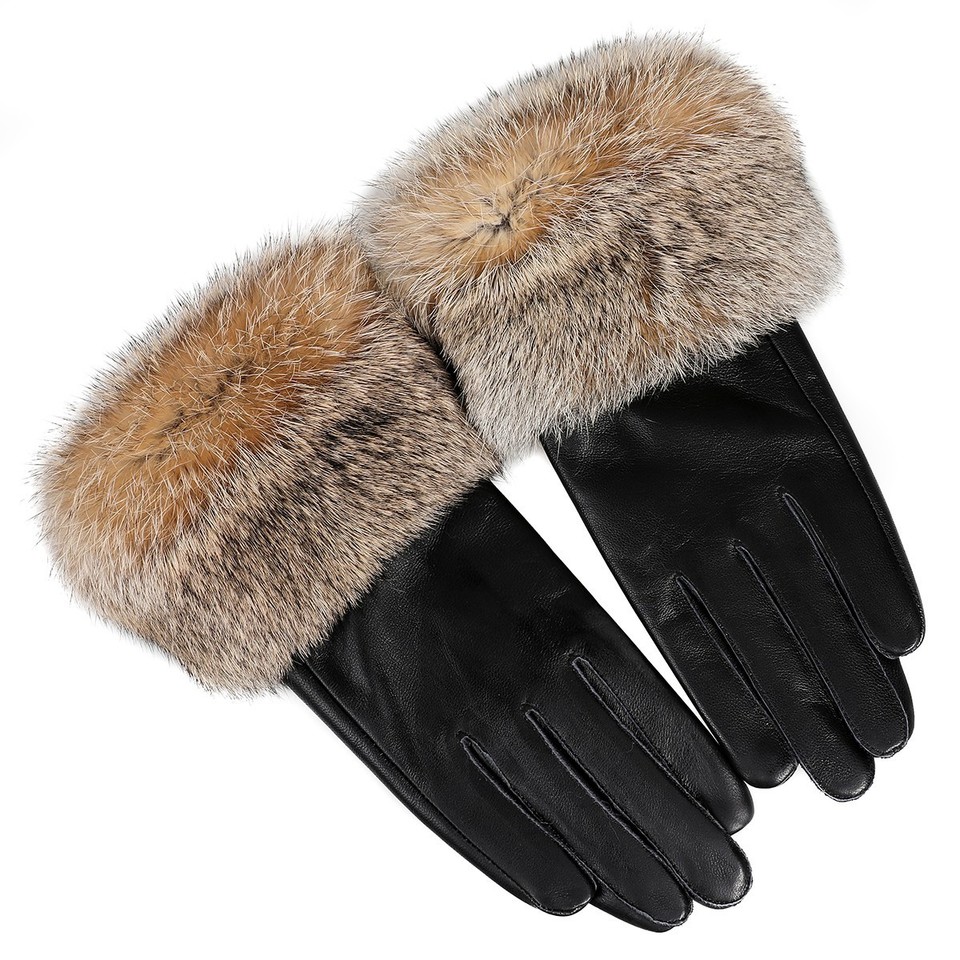 Women's Genuine Leather Gloves Rabbit Fur Trim Cuff Velvet Lined Winter ...