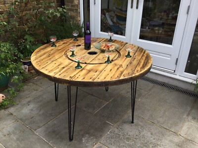 Large Cable Drum Dining Table -C/w 4 Black Hairpin Legs- Dlvry Possible ...