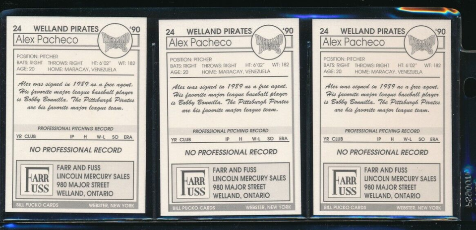 Lot (3) 1990 Bill Pucko #24 Alex Pacheco Welland Pirates (HY87) SWSW7 ...