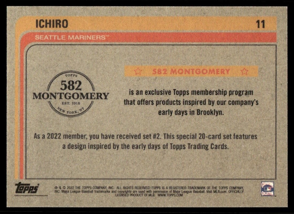 2022 Topps 582 Montgomery Club Set Ichiro Seattle Mariners #11 NM | eBay