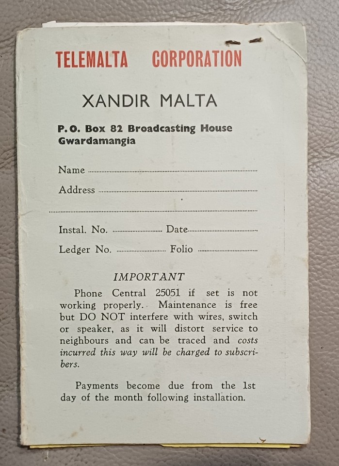 RARE Malta Doc. Telemalta Corporation Xandir Malta Coupon Receipt ...