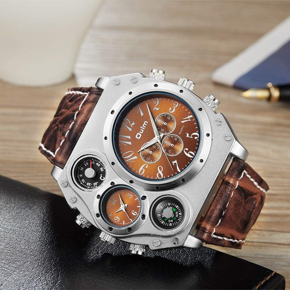 Men'S Leather Wrist Watches: Big Face Dual Time Zone Oversized Large ...