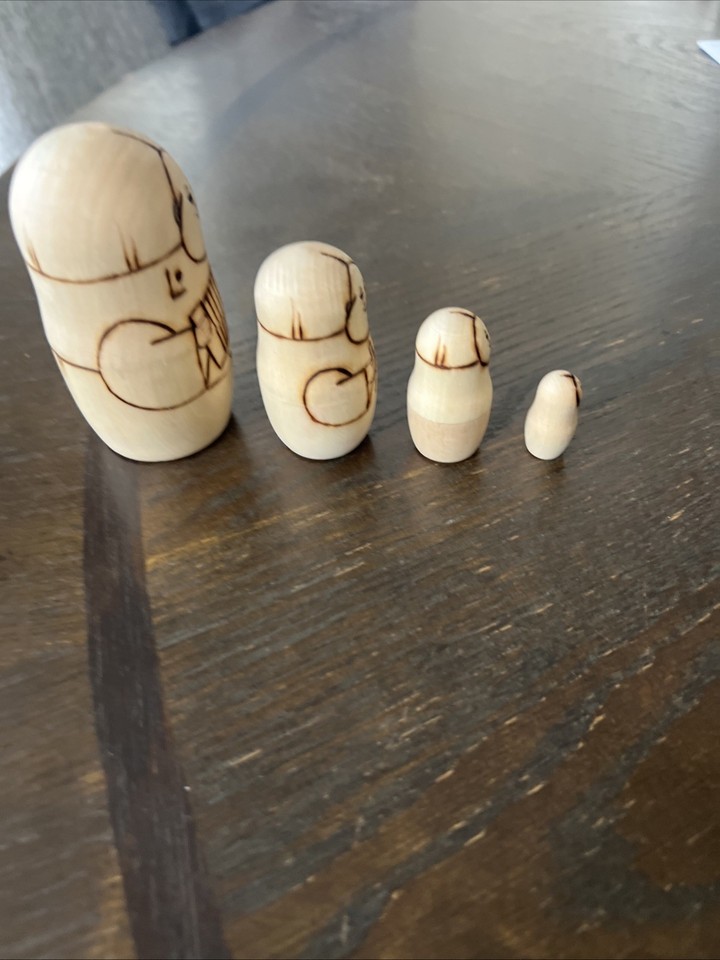 4 piece Handmade Wooden Russian Nesting Dolls Wood burned Outlines ...