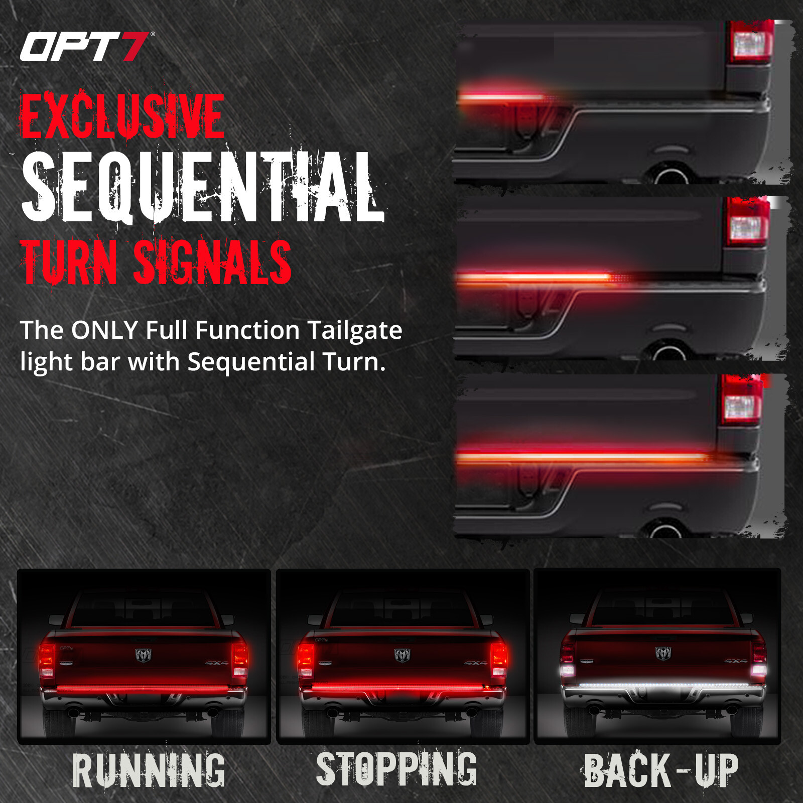 60" TRIPLE LED Tailgate Bar Sequential Turn Signal Amber Rigid Brake ...