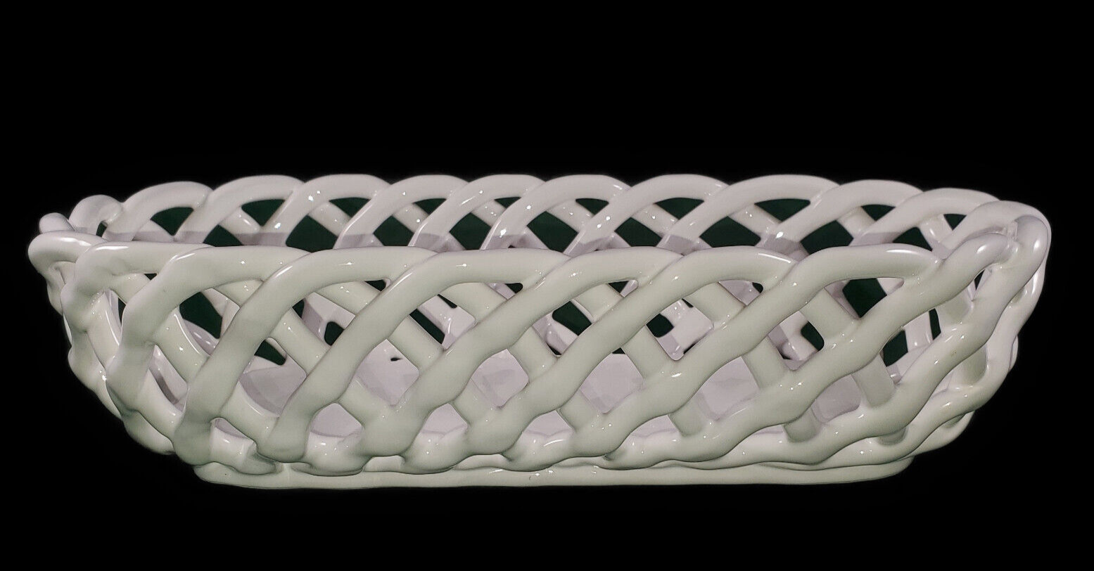 NEW ~ Primo'Gi ~ 12.5" x 7" White Glazed Ceramic Woven Basket~HANDMADE ...