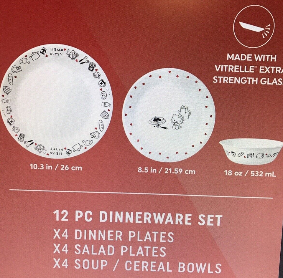 Corelle Hello Kitty 12-piece Dinnerware Set Service for 4 New FREE ...