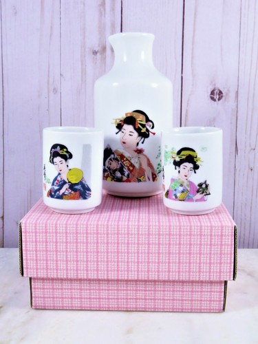 Japanese Porcelain Sake Set 3 Piece Geisha Girl Designs Vintage 1970's ...