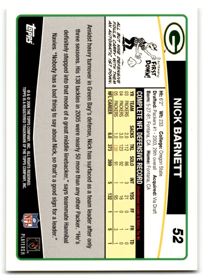 2006 Topps Nick Barnett Green Bay Packers #52 | eBay