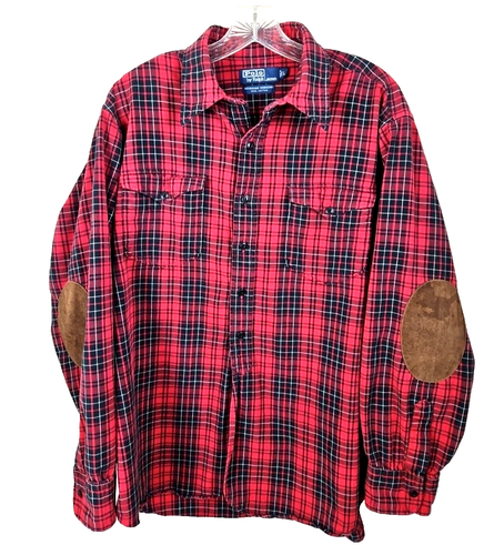 Polo Ralph Lauren Shirt Men L Flannel red plaid Woodsman Elbow Patch ...