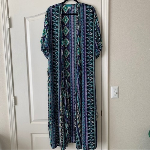 Turquoise Haven Duster Cardigan Women's S/M Blue Aztec Print Short ...