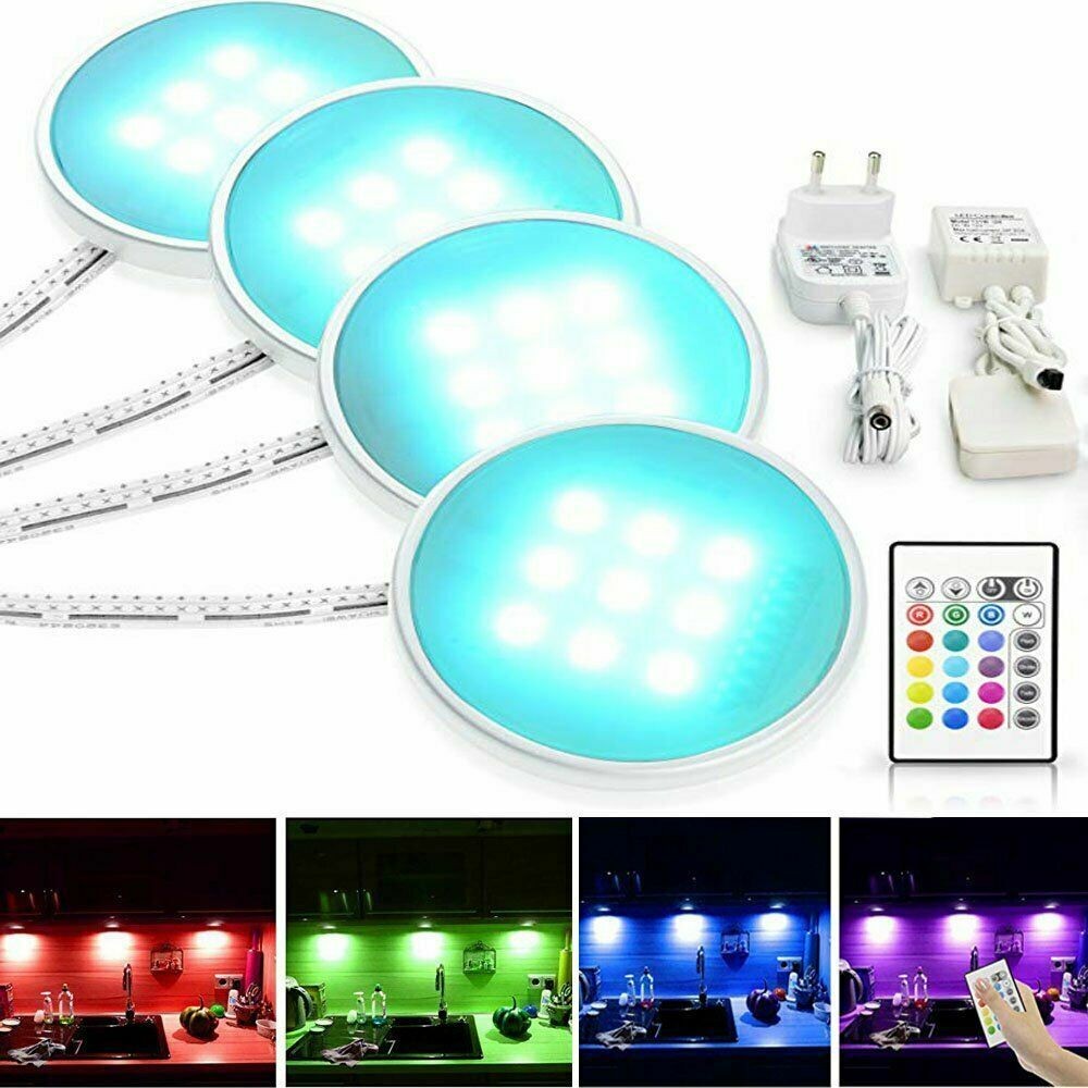 4Pack RGB LED Under Cabinet Puck Lights Closet Colour Changing Shelf ...