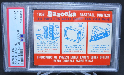 1958 Topps Bazooka Contest Card All-Star Game July 8 PSA 4 Fresh Clean ...