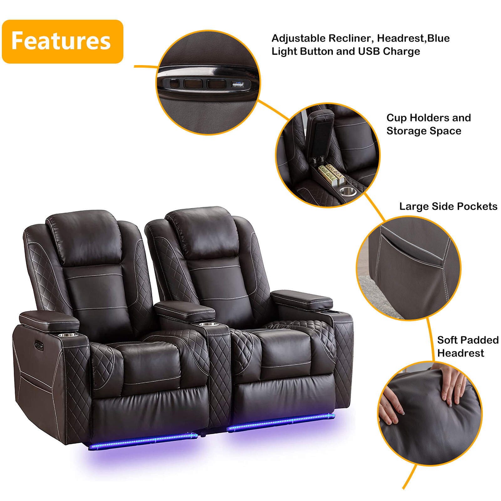 Electric Power Recliner Chair Home Theater Seat Sofa w/Power Headrest ...