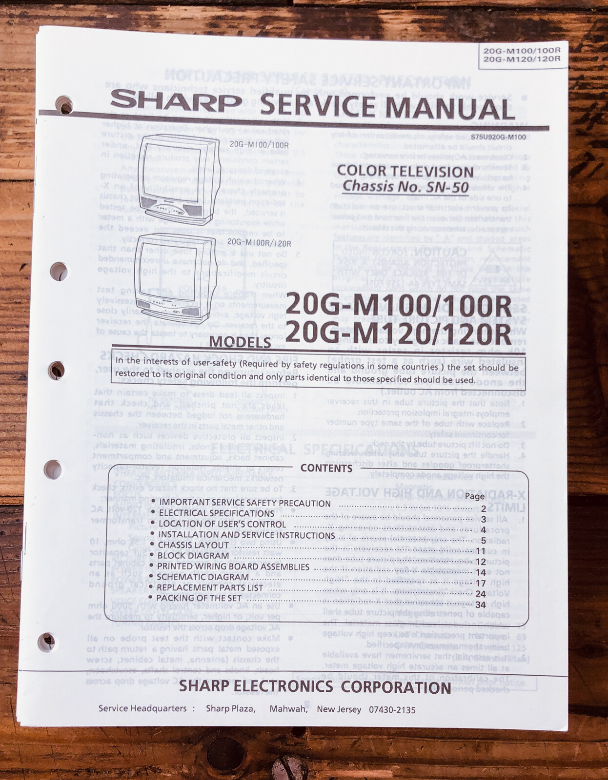 Sharp 20G-M100 -M100R -M120 -M120R TV Service Manual *Original* | eBay
