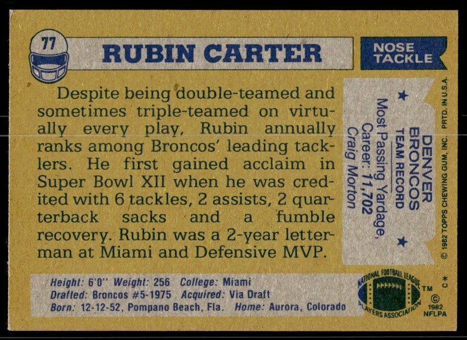 1982 Topps Rubin Carter Rookie Denver Broncos #77 | eBay