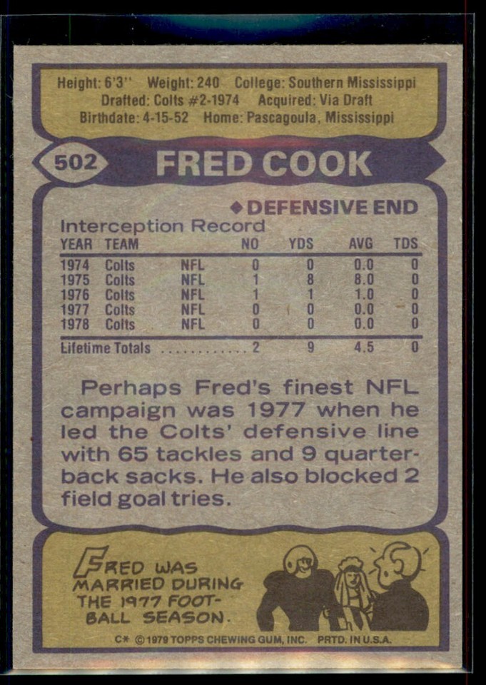 1979 Topps Fred Cook Baltimore Colts #502 | eBay