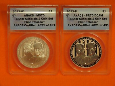 2013-(P, W) 5-Star Generals 2 Coin Set First Release (ANACS) MS 70 #021 ...