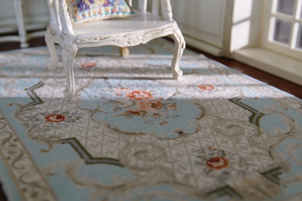 Shabby Chic Pastel Blue French Country Swirls Floral 1/12 Dollhouse Rug ...