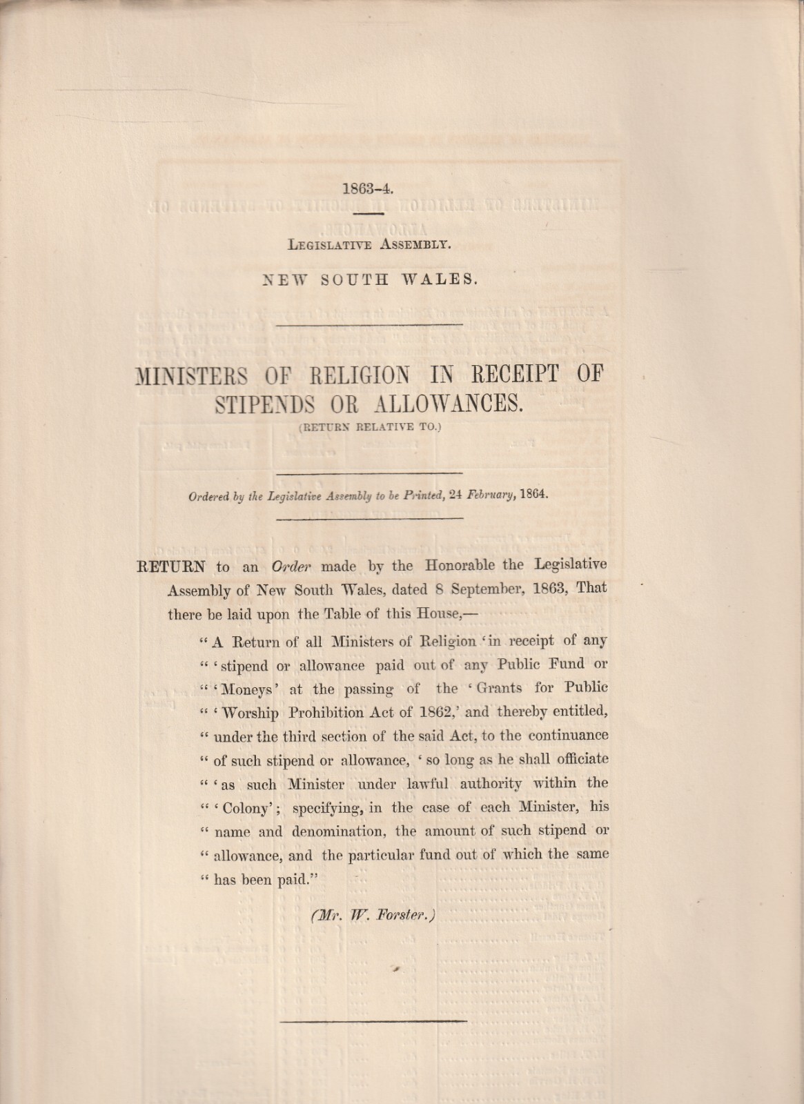 PARLIAMENTARY PAPERS , NSW 1863-4 , MINISTERS OF RELIGION STIPENDS | eBay