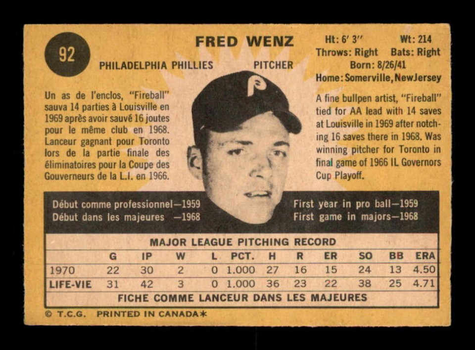 1971 O-Pee-Chee #92 Fred Wenz EX/EX+ X3033353 | eBay