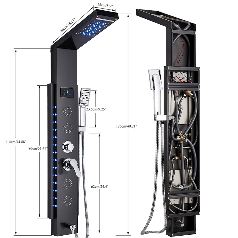 LED Shower Panel Column Tower Stainless Steel Black Waterfall Body Jet ...