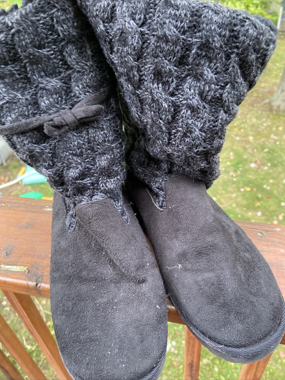 Mukluks Cozy Fold Over Boots Suede Knit Sherpa Black Slippers Womens ...