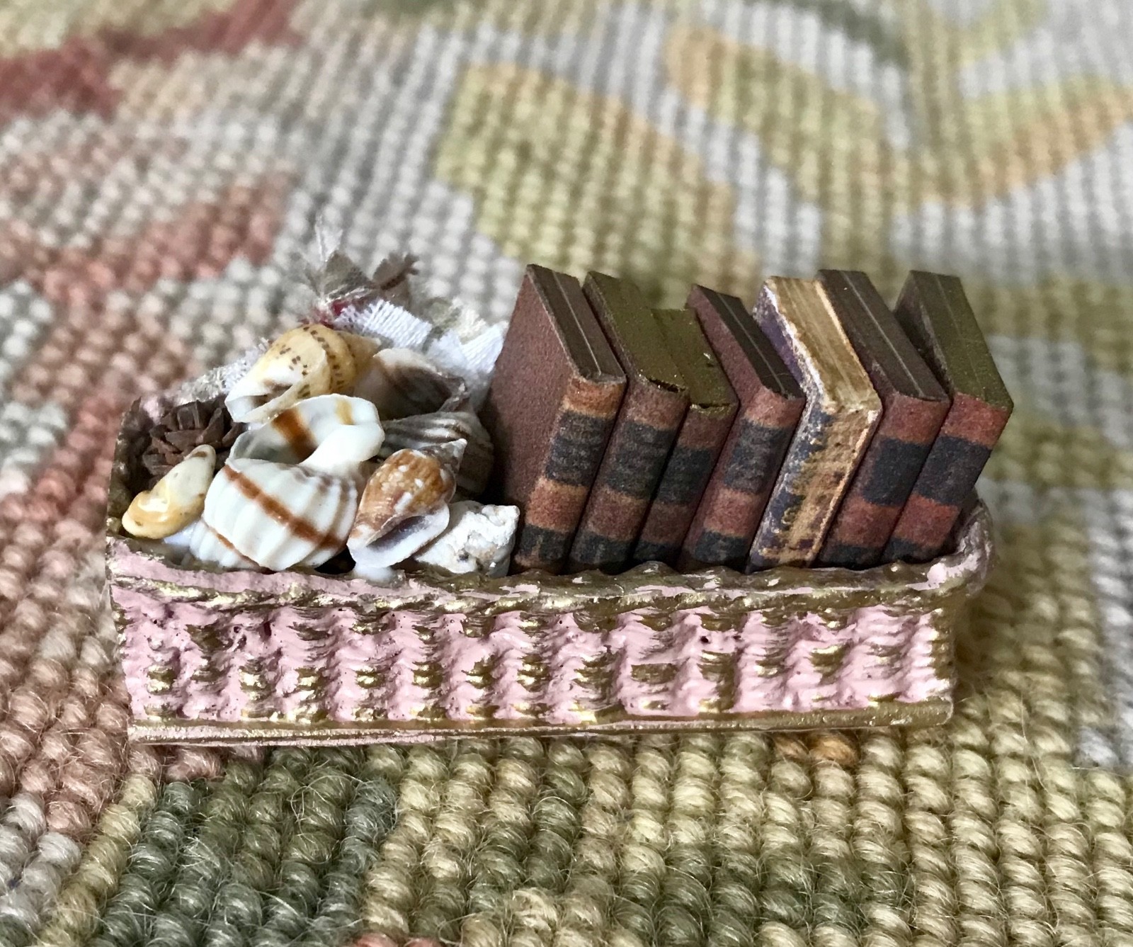 Pat Tyler Dollhouse Miniature Wicker Basket Decorated Books Fabric ...