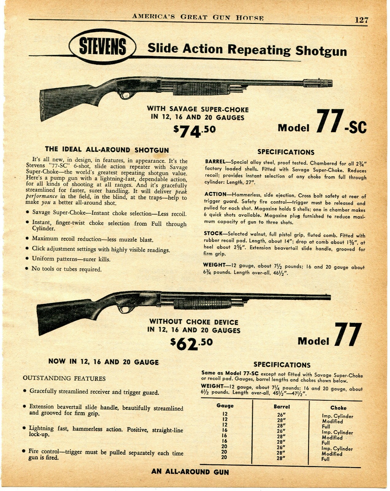 1957 Print Ad of Stevens Model 77 & 77SC Savage Super Choke Slide ...