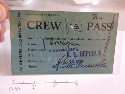 ORIG 1930 Crew Pass Ticket United States Lines Ocean Liner Steamship | eBay