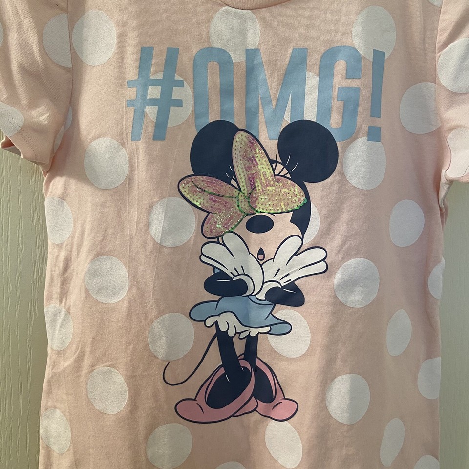 Disney Minnie Mouse Pink Polka Dot OMG! Graphic Tee Sequins Girls Size ...
