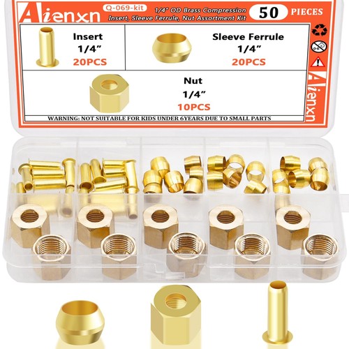 50PCS 1/4" Brass Compression Fittings Assortment kit, Insert, Sleeve ...