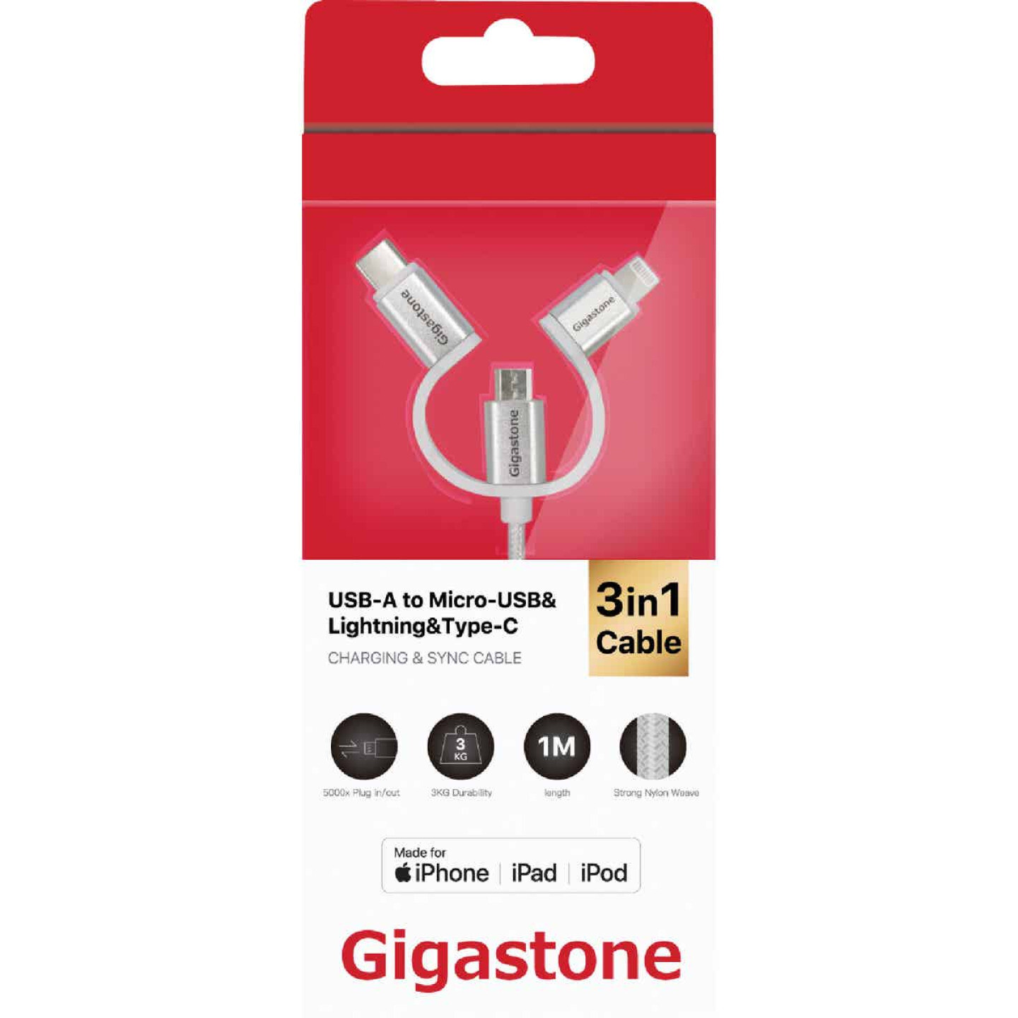 Gigastone Cables 3In1 (MicroUSD, USB-C and Ligtning), 1M, silver | eBay