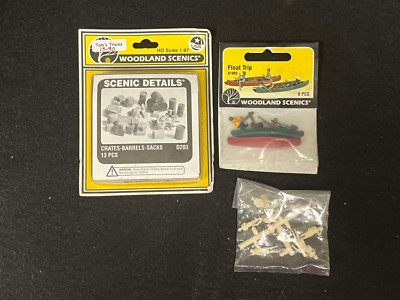 (3) HO SCALE WOODLAND SCENIC LOT FLOAT TRIP CRATES BARRELS SACKS PEOPLE ...