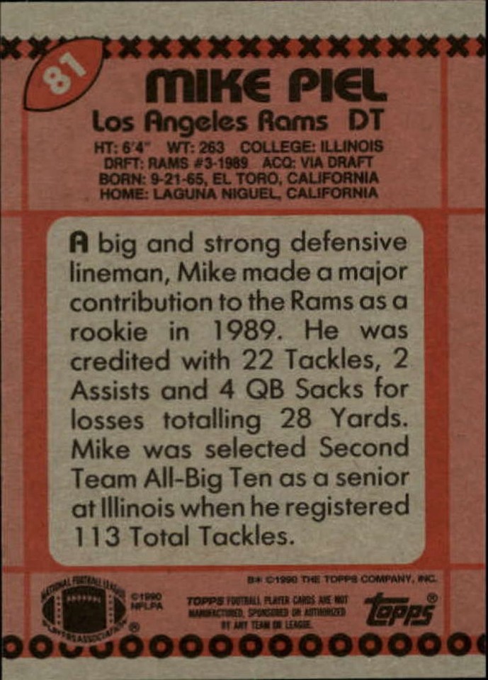 1990 Topps #81 Mike Piel EX Excellent RC Rookie Rams | eBay