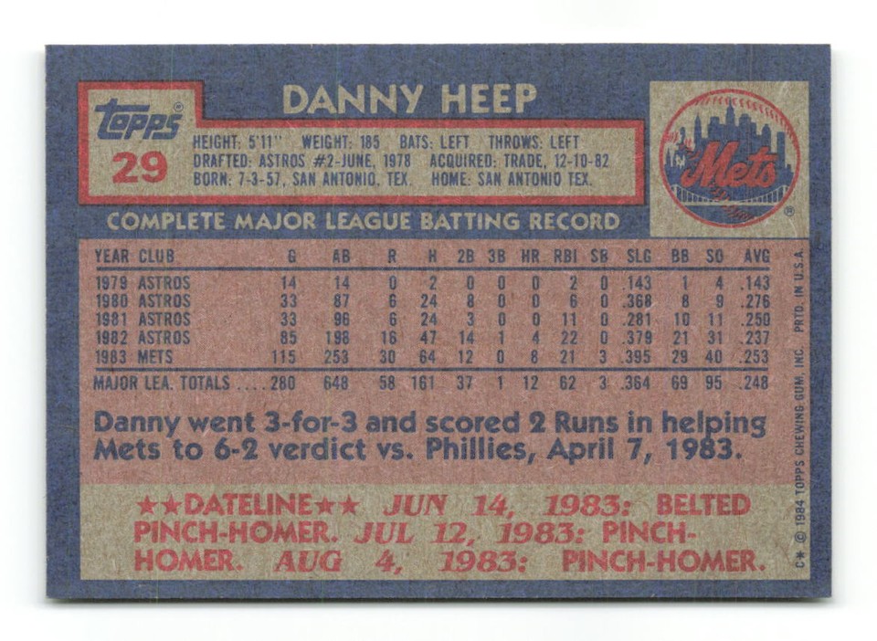1984 Topps Danny Heep #29 New York Mets Baseball Card | eBay