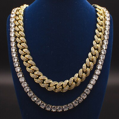Mens Miami Cuban Link Chain Diamond Tennis Chain Real 18k Yellow Gold ...